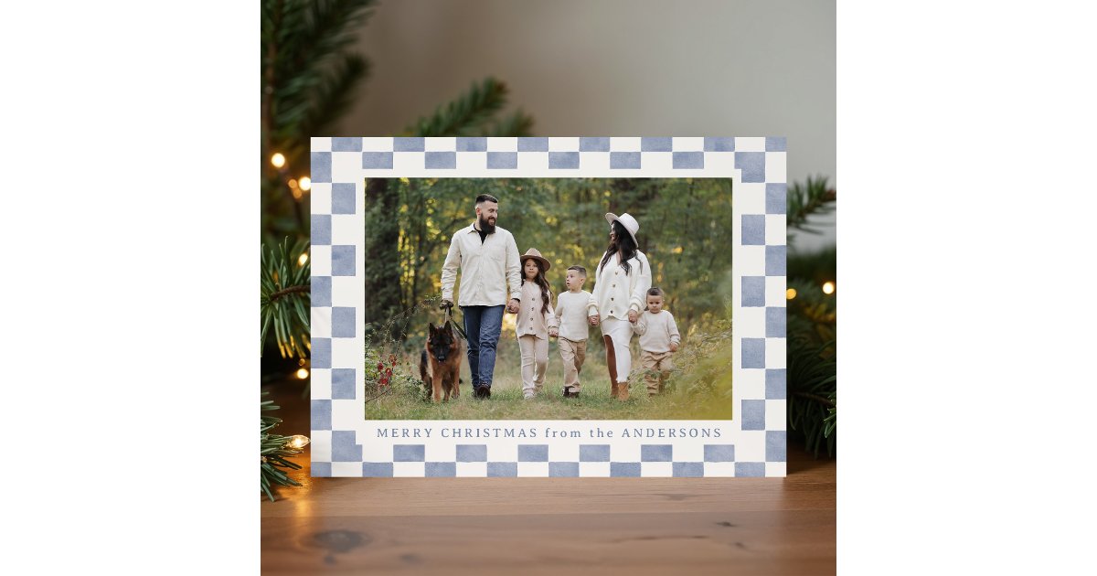 Watercolor Slate Blue Gingham Christmas Photo Holiday Card | Zazzle