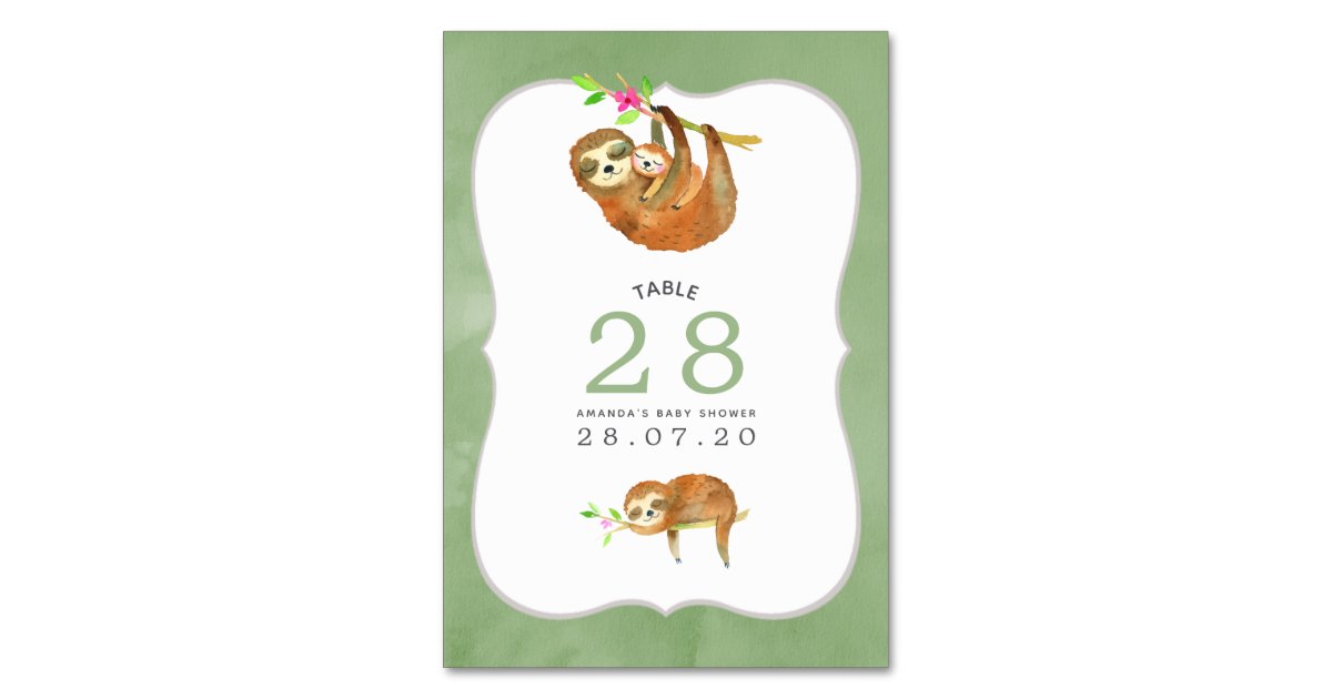 Watercolor Sloth themed Baby Shower Table Number | Zazzle