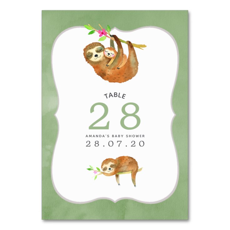 Watercolor Sloth themed Baby Shower Table Number | Zazzle