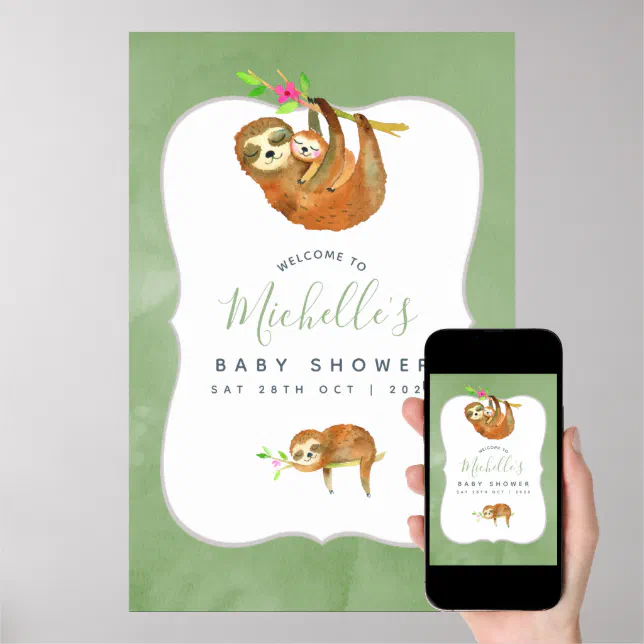 Watercolor Sloth themed Baby Shower Welcome Poster | Zazzle