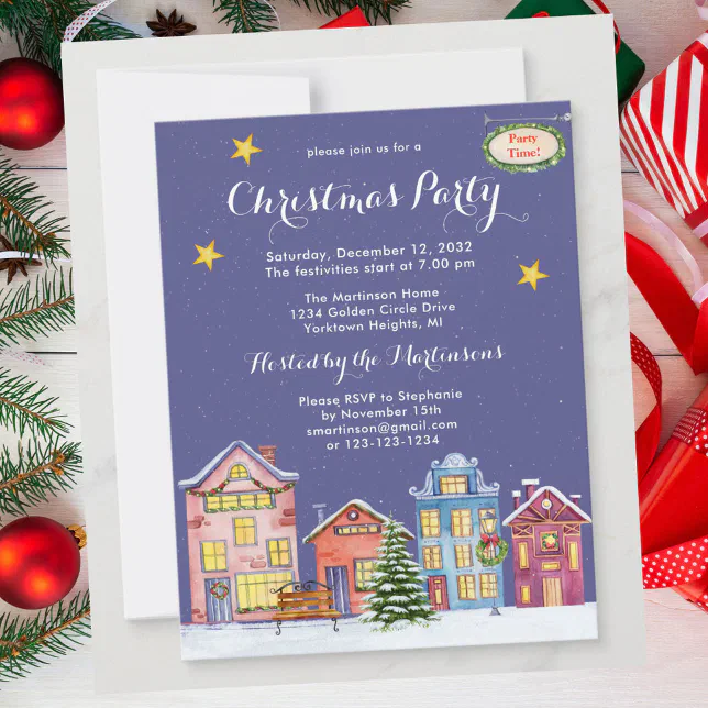 Watercolor Snow Village Christmas Party Invitation | Zazzle