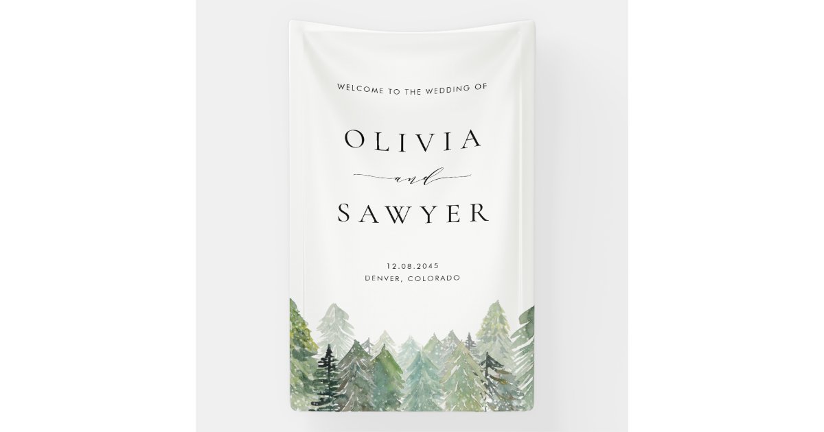 Watercolor Snowy Evergreen Forest Wedding Welcome Banner | Zazzle