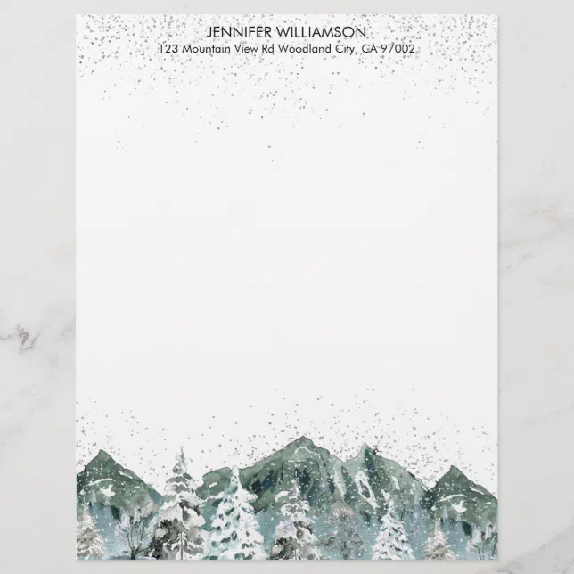 Watercolor Snowy Winter Mountains Forest Trees Letterhead | Zazzle