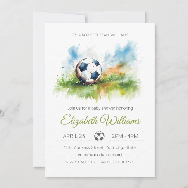 Watercolor Soccer Baby Shower Invitation | Zazzle