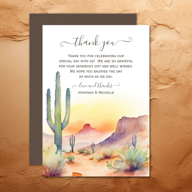 Watercolor Southwestern Desert and Cactus Wedding Thank You Card | Zazzle