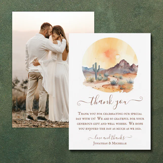 Watercolor Southwestern Desert Photo Wedding Thank You Card | Zazzle