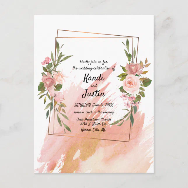 Watercolor Splash Pink Floral Geometric Wedding Postcard | Zazzle