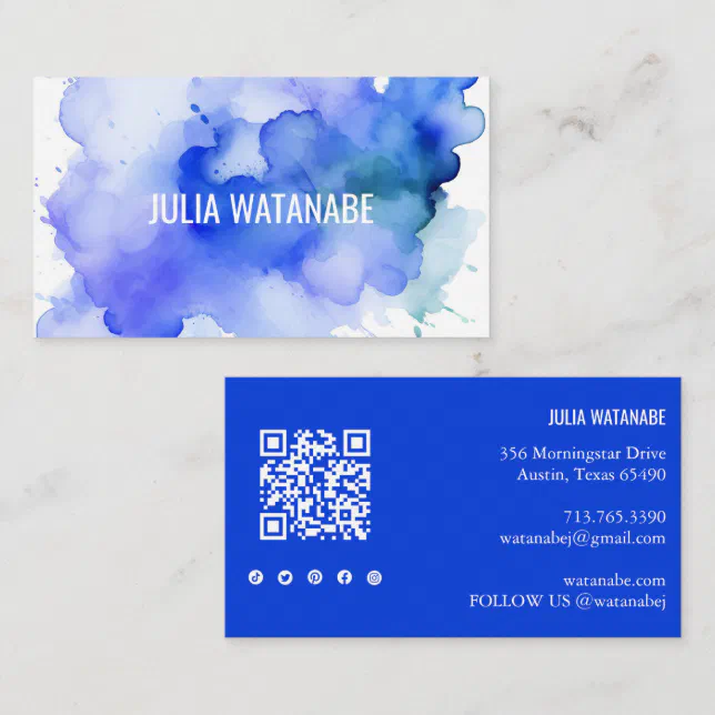 Watercolor Splash QR Code Social Media Modern Business Card | Zazzle