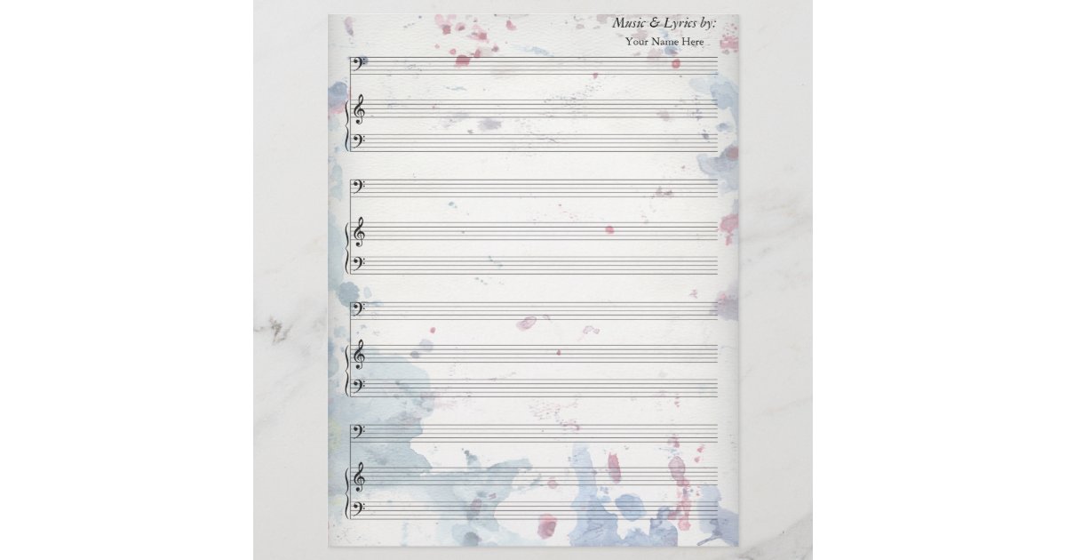 Watercolor Splatters Blank Sheet Music Bass Clef | Zazzle