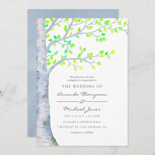 Watercolor Spring Birch Tree Wedding invitation | Zazzle