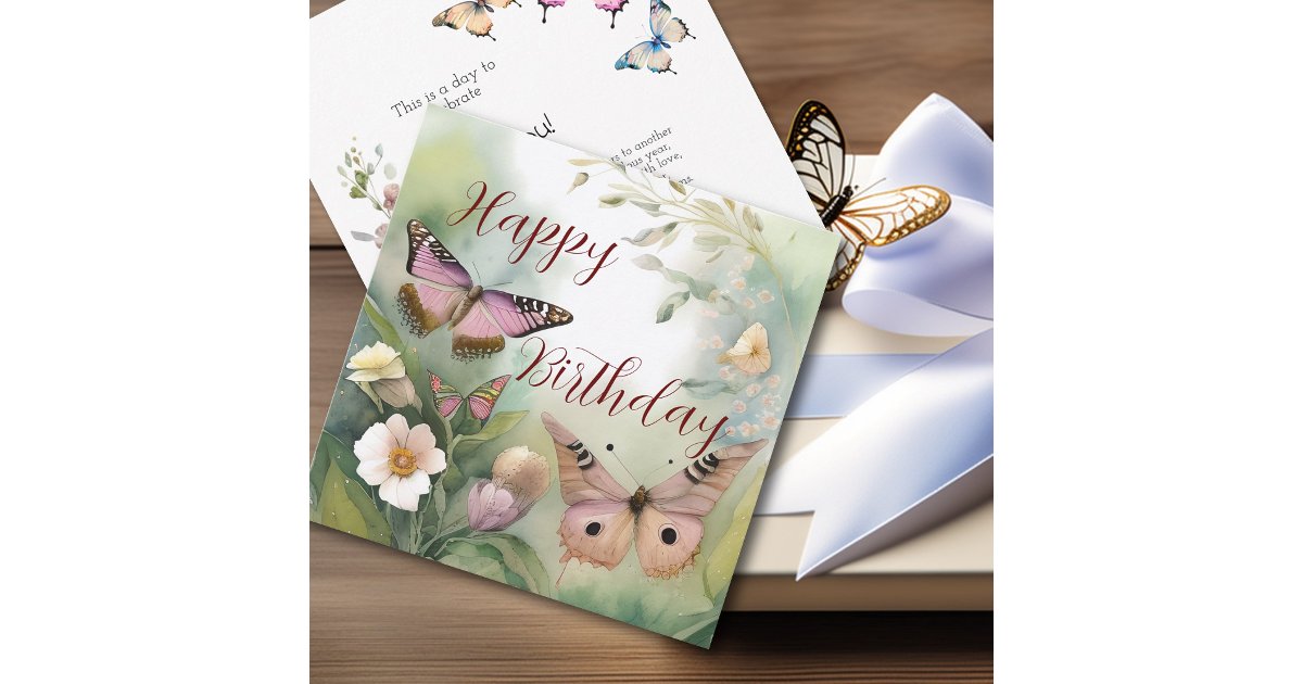 Watercolor Spring Butterfly and Flowers Birthday Card | Zazzle
