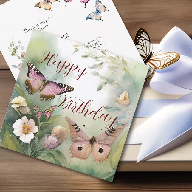 Watercolor Spring Butterfly and Flowers Birthday Card | Zazzle