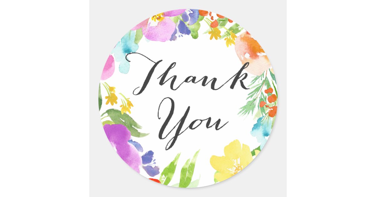Watercolor Spring Flowers Wreath Thank You Sticker | Zazzle