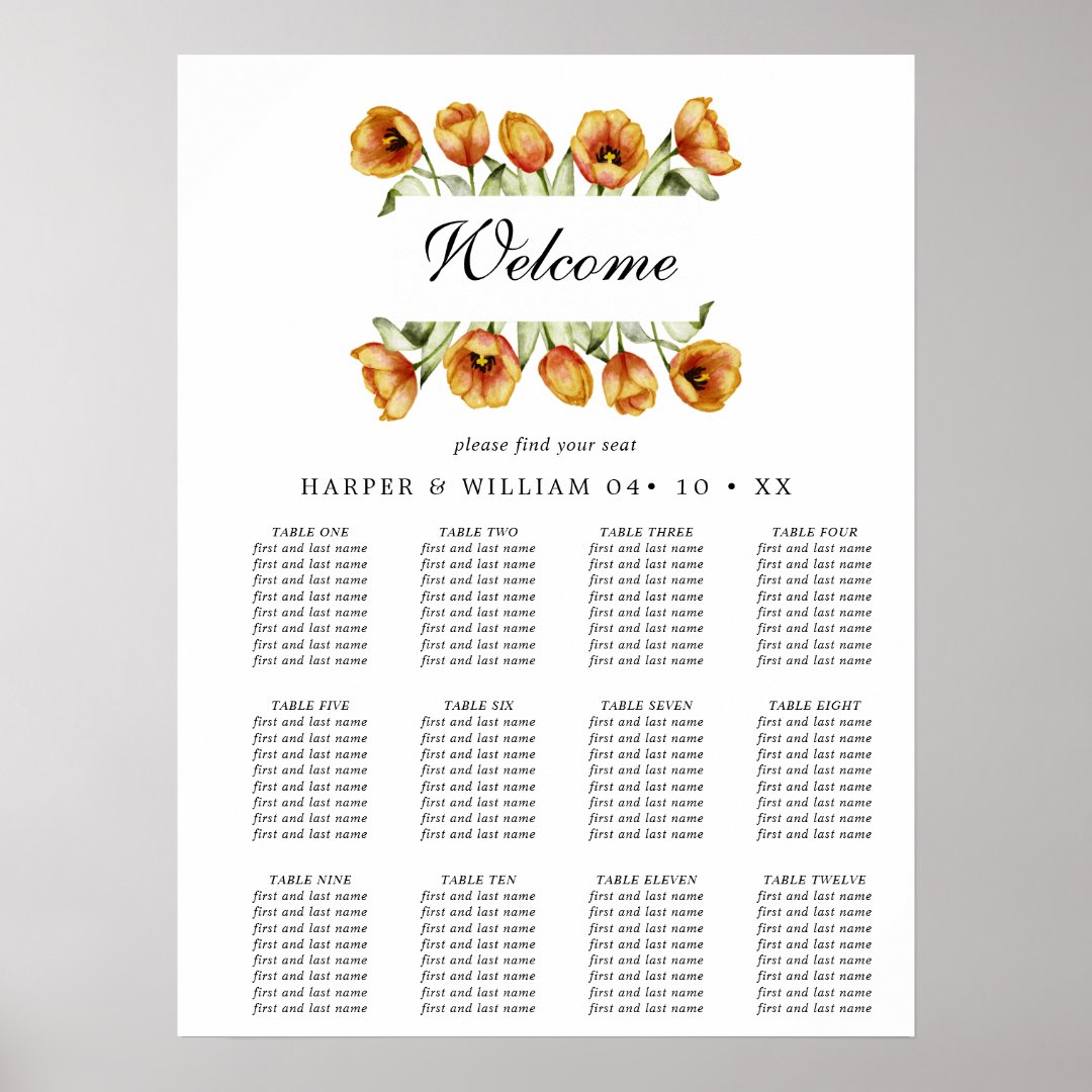 Watercolor spring tulips wedding seating chart | Zazzle
