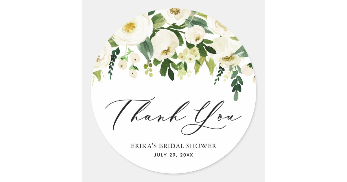 Watercolor Spring White Flowers Garland Thank You Classic Round Sticker ...
