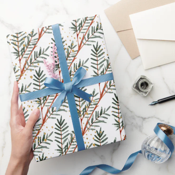 Watercolor Spruce Tree Branches & Gold Splash Wrapping Paper | Zazzle