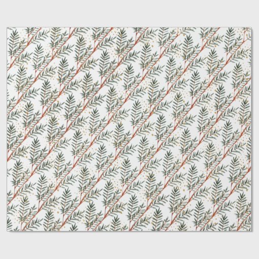 Watercolor Spruce Tree Branches & Gold Splash Wrapping Paper | Zazzle