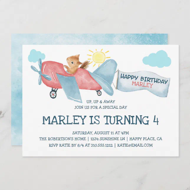 Watercolor Squirrel Airplane Up & Away Birthday Invitation | Zazzle