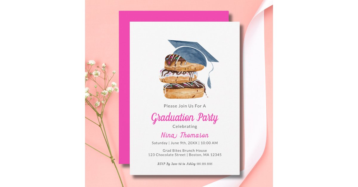 Watercolor Stack of Donuts with Graduation Cap Invitation | Zazzle