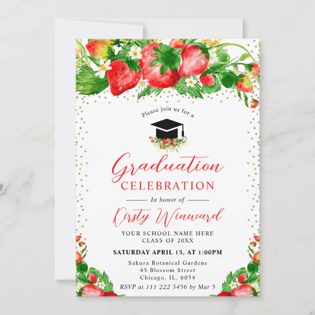 Watercolor Strawberries and Flowers Graduation Invitation | Zazzle