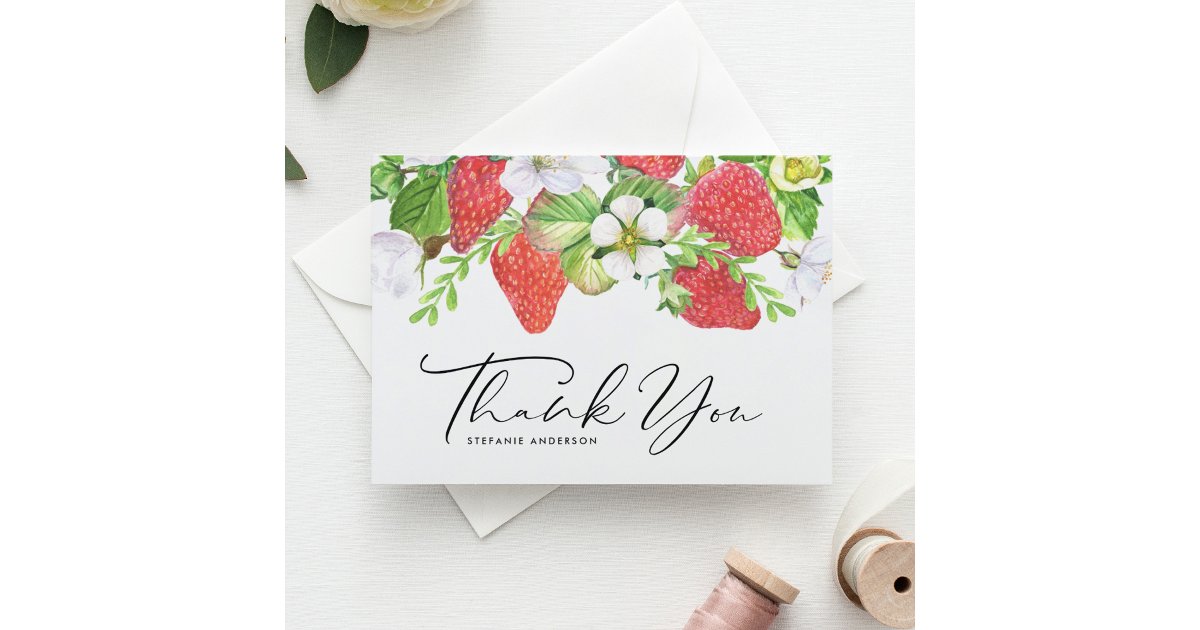 Watercolor Strawberry and Blossoms Graduation Thank You Card | Zazzle