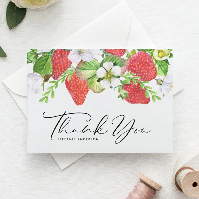 Watercolor Strawberry and Blossoms Graduation Thank You Card | Zazzle
