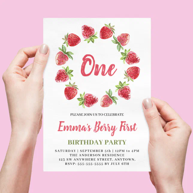 Watercolor Strawberry Berry First 1st Birthday Inv Invitation | Zazzle