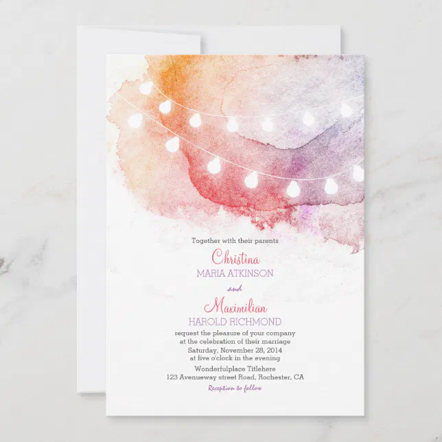 watercolor string lights elegant wedding invitation | Zazzle