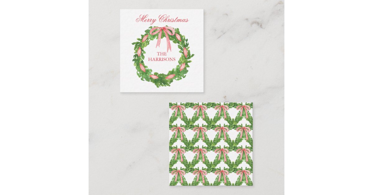 Watercolor Striped Ribbon Wreath Christmas Note Card | Zazzle