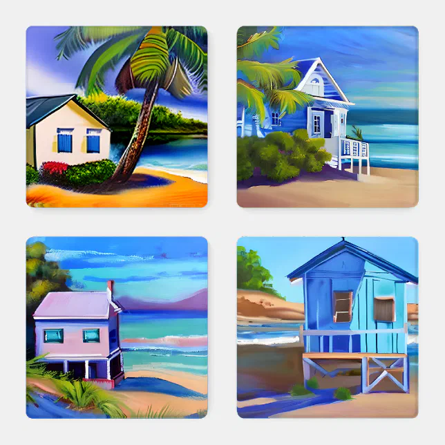 Watercolor Style Tropical Beach Art Coaster Set | Zazzle