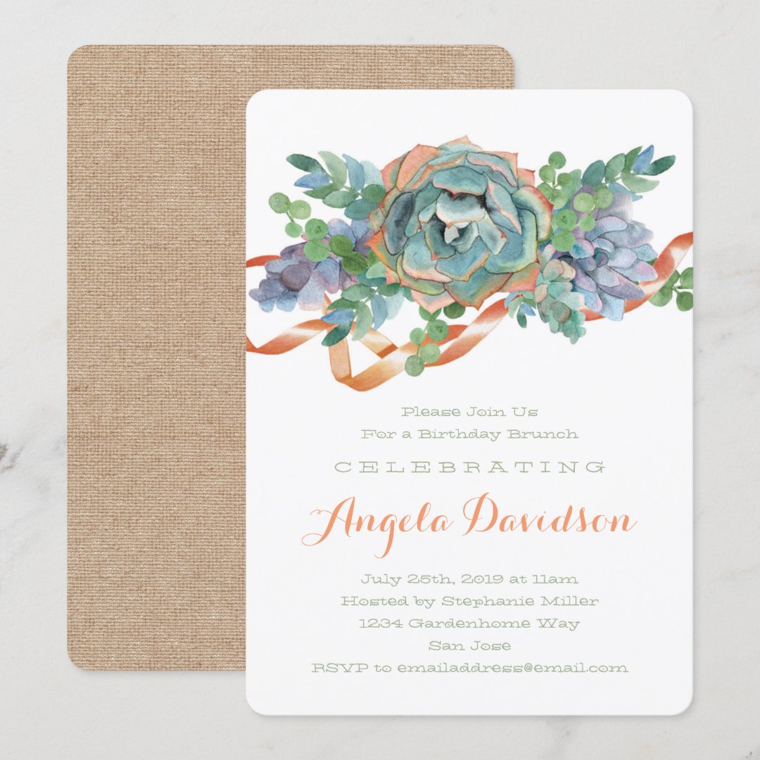 Watercolor Succulent Birthday Brunch Party Invitation | Zazzle