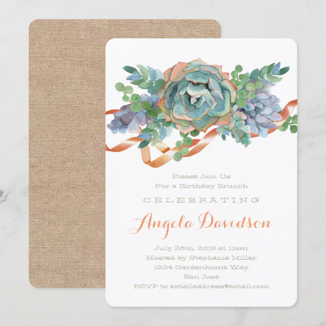 Watercolor Succulent Birthday Brunch Party Invitation | Zazzle