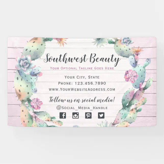 Watercolor Succulent Cactus & Rustic Wood Bohemian Banner | Zazzle