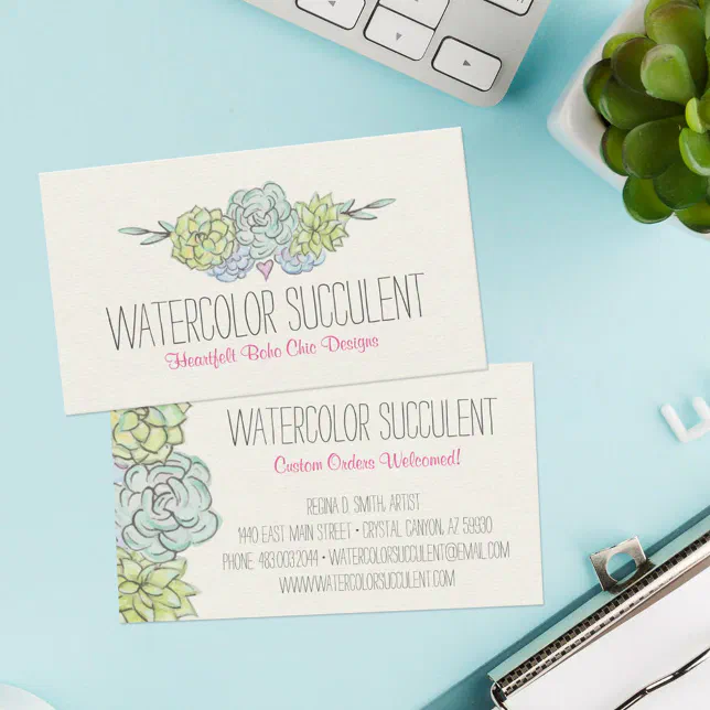 Watercolor Succulent Shabby Chic Bohemian Floral Business Card | Zazzle