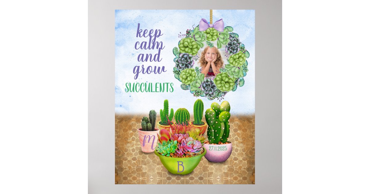 Watercolor Succulent Wreath Cactus Monogram Photo Poster | Zazzle