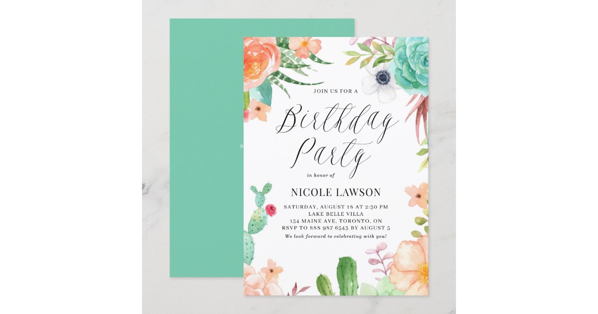 Watercolor Succulents and Flowers Fiesta Birthday Invitation | Zazzle