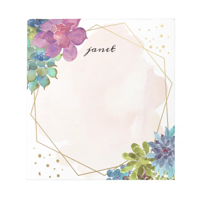 Watercolor Succulents and Gold Frame Personalized Notepad | Zazzle