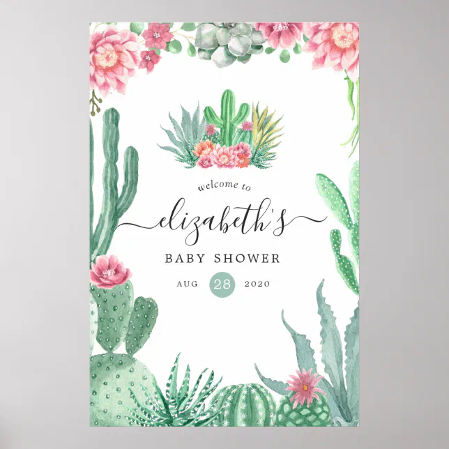 Watercolor Succulents Baby Shower Welcome Poster | Zazzle