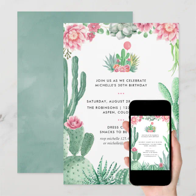 Watercolor Succulents Birthday Party Invitation | Zazzle
