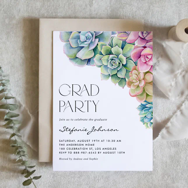 Watercolor Succulents Boho Graduation Party Invitation | Zazzle