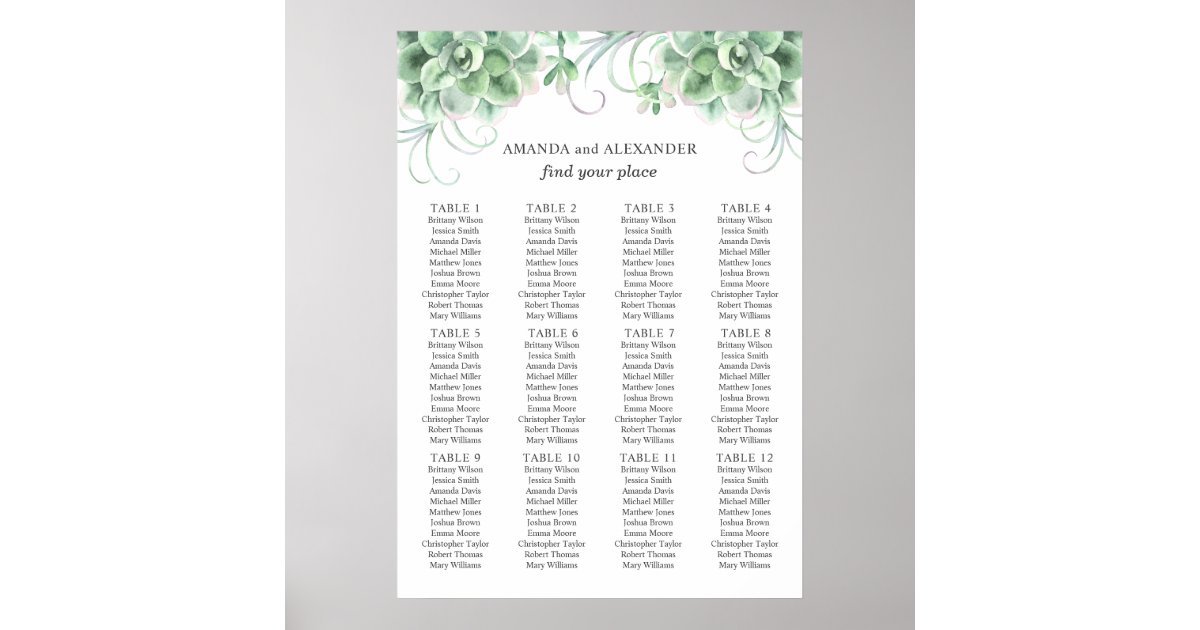 Watercolor succulents. Cacti wedding seating chart | Zazzle