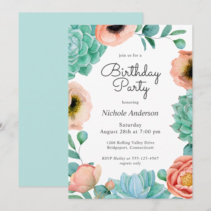 Watercolor Succulents Floral Birthday Party Invitation | Zazzle