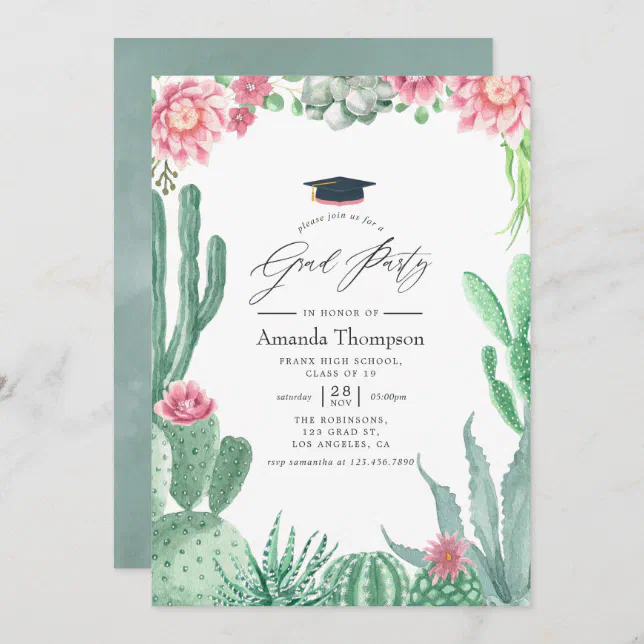 Watercolor Succulents Graduation Party Invitation | Zazzle