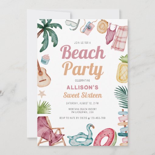 Watercolor Summer Beach Sweet Sixteen Invitation | Zazzle