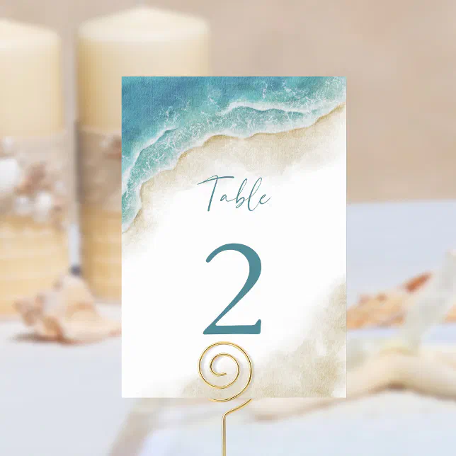 Watercolor Summer Ocean Beach Wedding Table Number | Zazzle