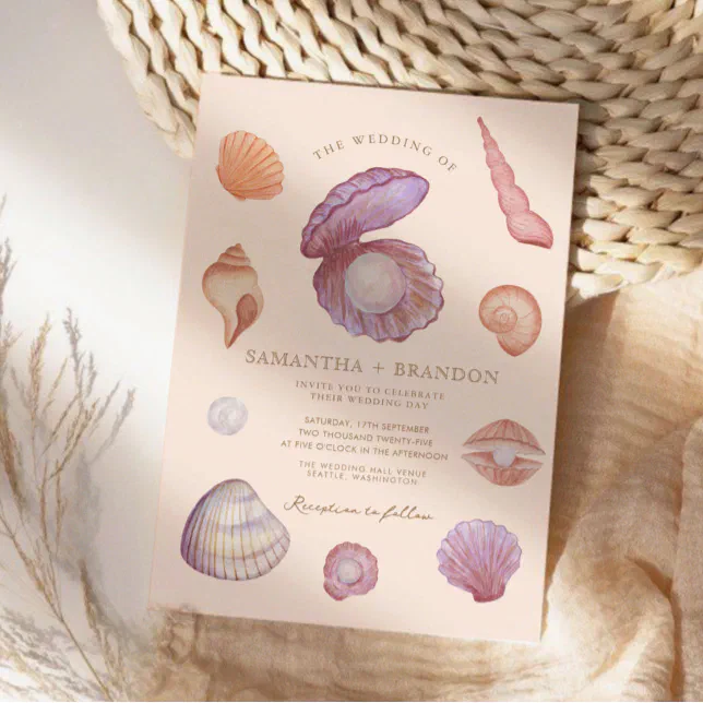 Watercolor summer Ocean Seashell pearl Wedding Invitation | Zazzle