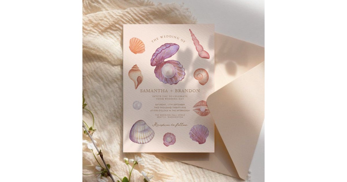 Watercolor summer Ocean Seashell pearl Wedding Invitation | Zazzle