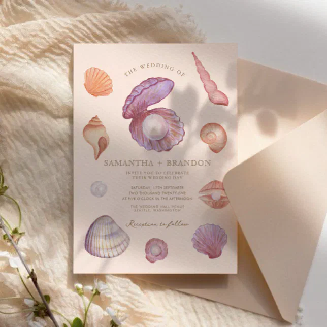 Watercolor summer Ocean Seashell pearl Wedding Invitation | Zazzle
