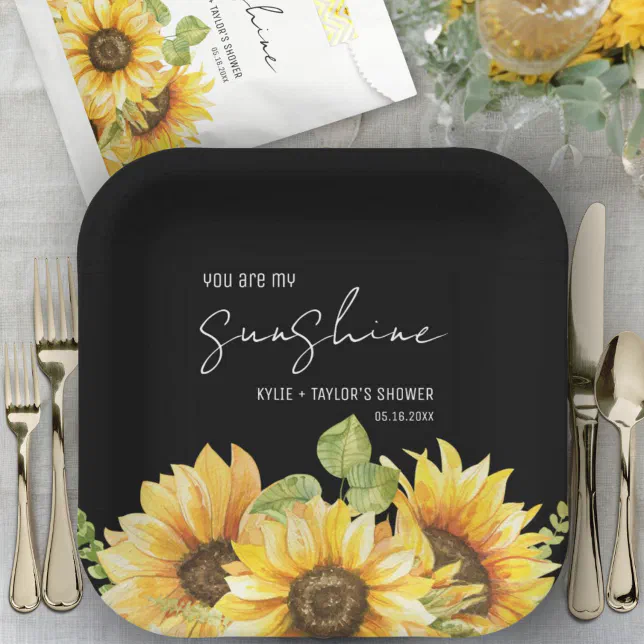 Watercolor Sunflower Black & White Wedding Shower Paper Plates | Zazzle