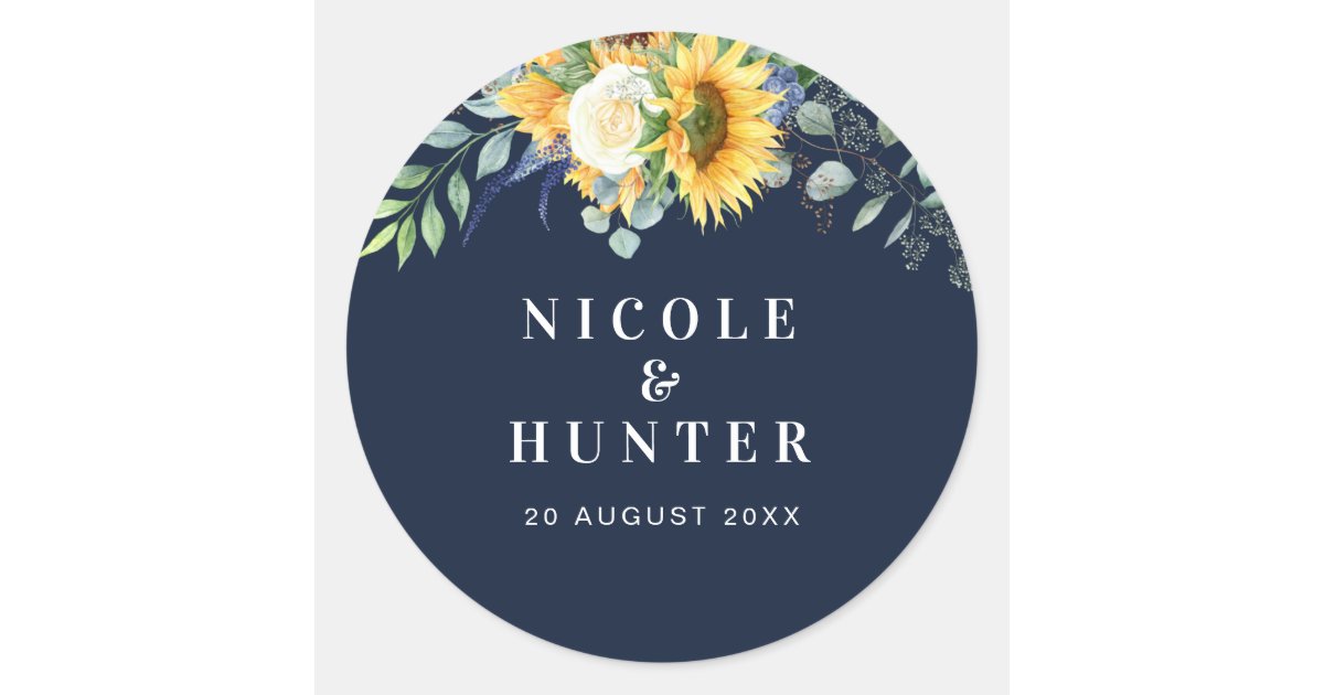 Watercolor sunflower eucalyptus wedding classic round sticker | Zazzle